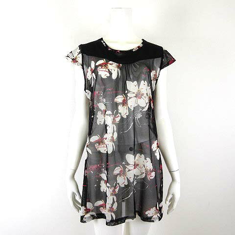 【中古】クレヨン KUREYON チュニック 花柄 シアー シースルー カットソー 切替 ギャザー キャップスリーブ 半袖 L 黒 ブラック レディース 【ベクトル 古着】 260629表記サイズ表記なし ※L位のサイズ感になります。 (実...