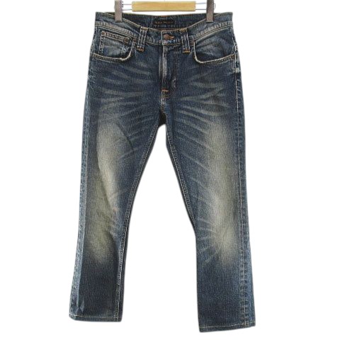 【中古】ヌーディージーンズ nudie jeans the naked truth about denim ロング丈 デニムパンツ ジーンズ W30L34 青系 ブルー ジップフライ 加工 革ラベル メンズ レディース 【ベクトル 古着】 ...