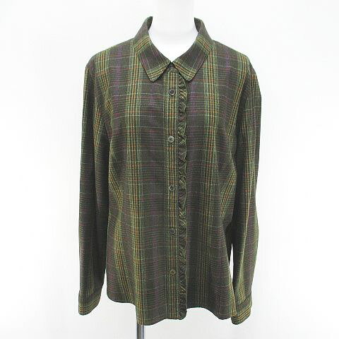 【中古】ベルバラール BELLEBALARD チェック柄 長袖 シャツ ブラウス 17 緑系 グリーン ストレッチ フリル 毛 ウール レディース 【ベクトル 古着】 260205表記サイズ17実寸サイズ肩幅：43cm　身幅：56cm　着丈...