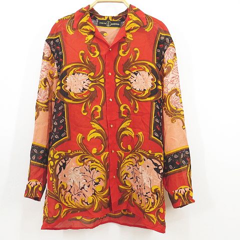 【中古】ENGLISH ECCENTRICS 長袖 シャツ オレンジ系 総柄 飾りボタン 薄手 透け感 日本製 メンズ レディース 【ベクトル 古着】 260223表記サイズ表記無し実寸サイズ肩幅：49cm　身幅：57cm　着丈：76cm　...