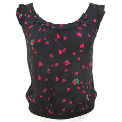 【中古】モスキーノチープアンドシック MOSCHINO CHEAP AND CHIC ノースリーブ ニットカットソー 切替 40 黒系 ブラック てんとう虫 ハート クローバー プリント フリル イタリア製 レディース 【ベクトル 古着】 ...