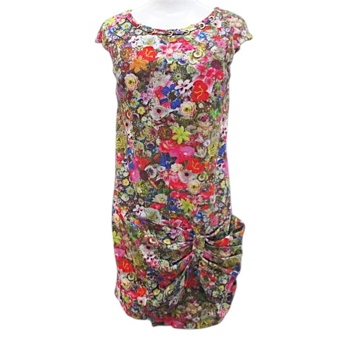 【中古】ステラリッチ Stella Rich 花柄 フレンチスリーブ ワンピース ミニ丈 マルチカラー リボン モチーフ 伸縮性 イタリア製 レディース 【ベクトル 古着】 260309表記サイズ42実寸サイズ身幅：40cm　着丈：75cm...