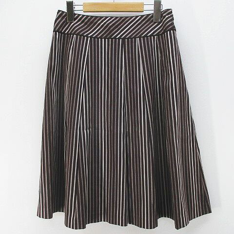 【中古】ブギウギ BOOGIE WOOGIE ストライプ柄 フレアスカート 膝丈 40 茶系 ダークブラウン 光沢 タック 裏地 日本製 レディース 【ベクトル 古着】 260630表記サイズ40実寸サイズウエスト：67cm　ヒップ：50c...