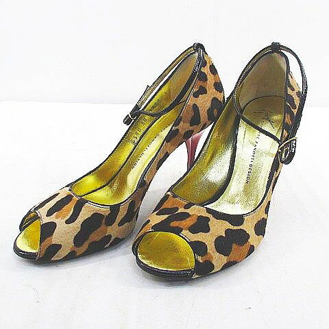 【中古】ジュゼッペザノッティデザイン GIUSEPPE ZANOTTI DESIGN パンプス ハイヒール オープントゥ レオパード アンクルストラップ 38 ベージュ ハラコ イタリア製 レディース 【ベクトル 古着】 260713ブラン...