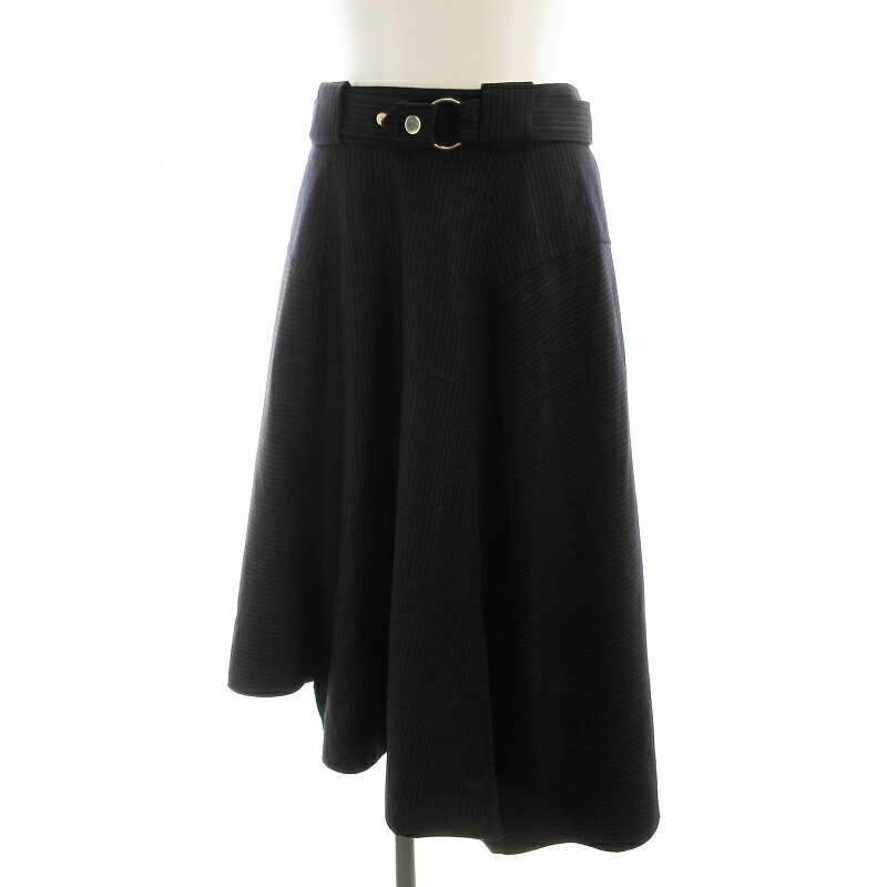 【中古】タラジャーモン TARA JARMON フレアスカート ストライプ柄 リネン混 アシンメトリー ベルト 36 紺 ネイビー VZHAD-16430 /EE レディース 【ベクトル 古着】 250523ブランドタラジャーモン TARA...