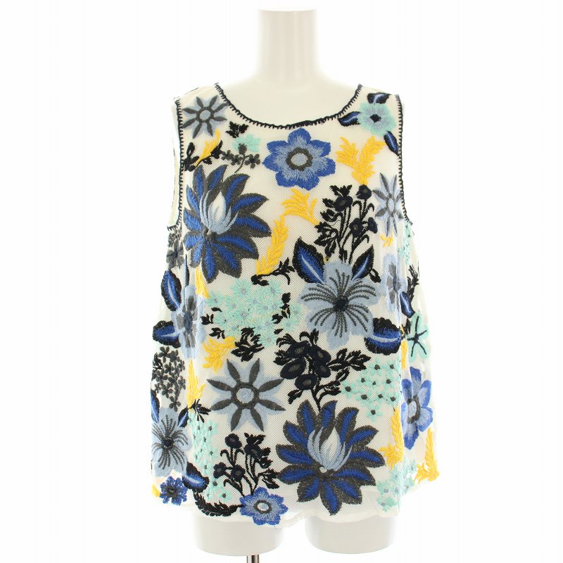 【中古】ダイアグラム グレースコンチネンタル Diagram GRACE CONTINENTAL マルチ刺繍ノースリーブ カットソー 花柄 メッシュ 36 白 ホワイト 青 ブルー 紺 ネイビー 18148018 /HN レディース 【ベク...