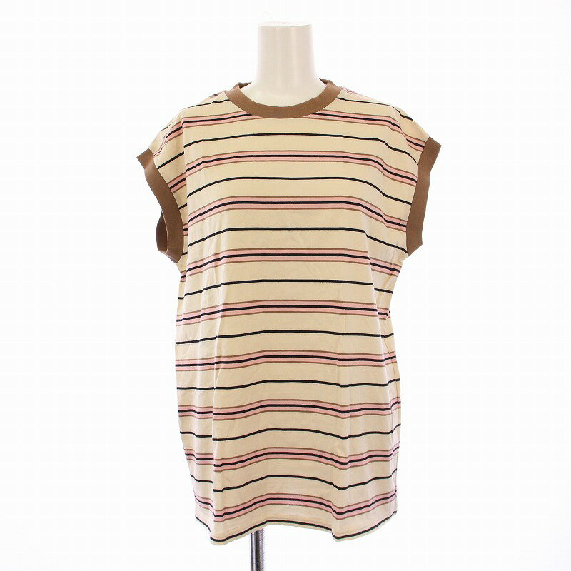 【中古】6 ROKU BEAUTY&YOUTH B&Y ロク ビューティーアンドユース 22SS COTTON MULTI BORDER NO SLEEVE T-SHIRT Tシャツ カットソー ノースリーブ ボーダー柄 F ベージュ 86...