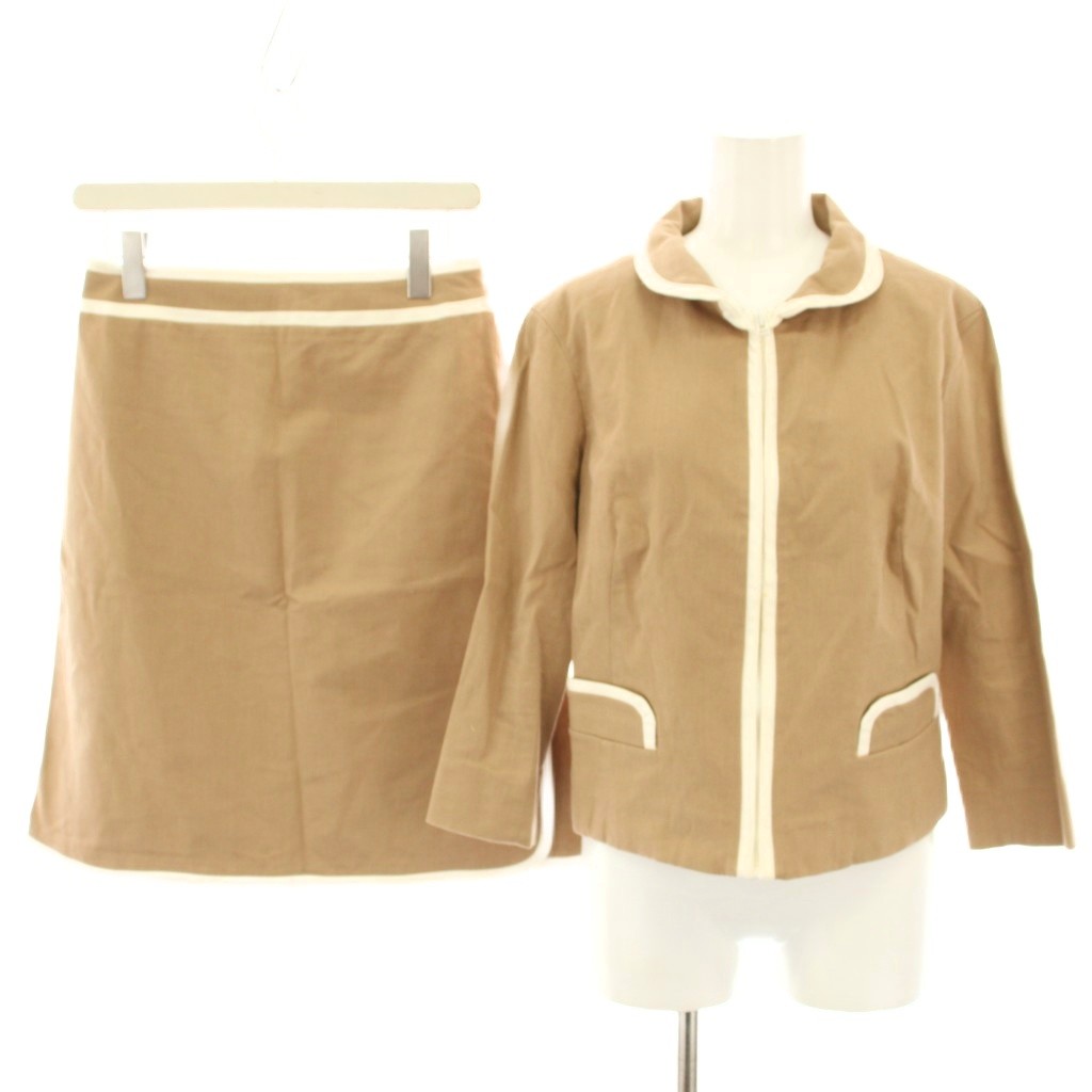 【中古】49アベニュー ジュンコシマダ 49AV. junko shimada セットアップ 上下 ラウンドカラージャケット 八分袖 ジップアップ 台形スカート ひざ丈 38 40 ベージュ 白 ホワイト 23039-051 23021-0...