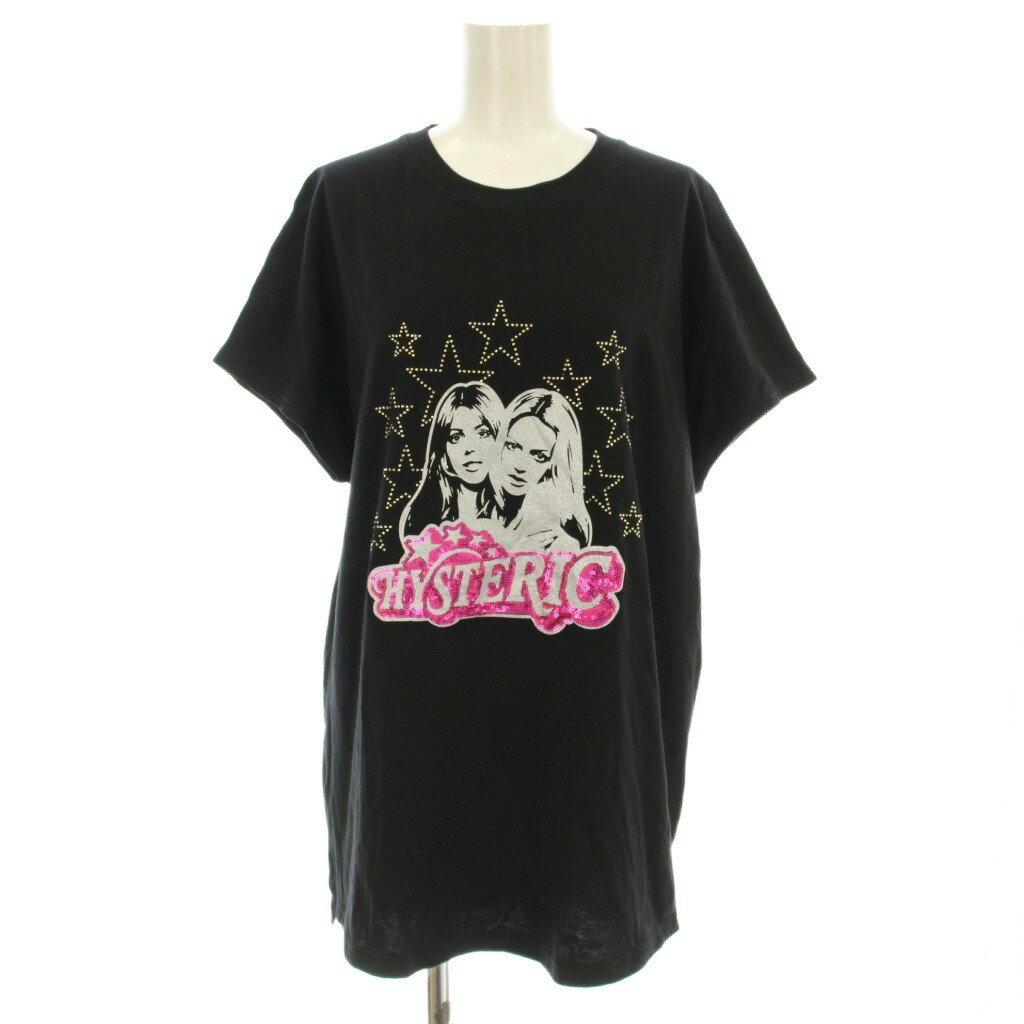 【中古】ヒステリックグラマー HYSTERIC GLAMOUR WOMAN STARS刺繍 Tシャツ カットソー 半袖 クルーネック プリント ラインストーン スパンコール装飾 F 黒 ブラック 01232CT03 /KU レディース 【ベ...