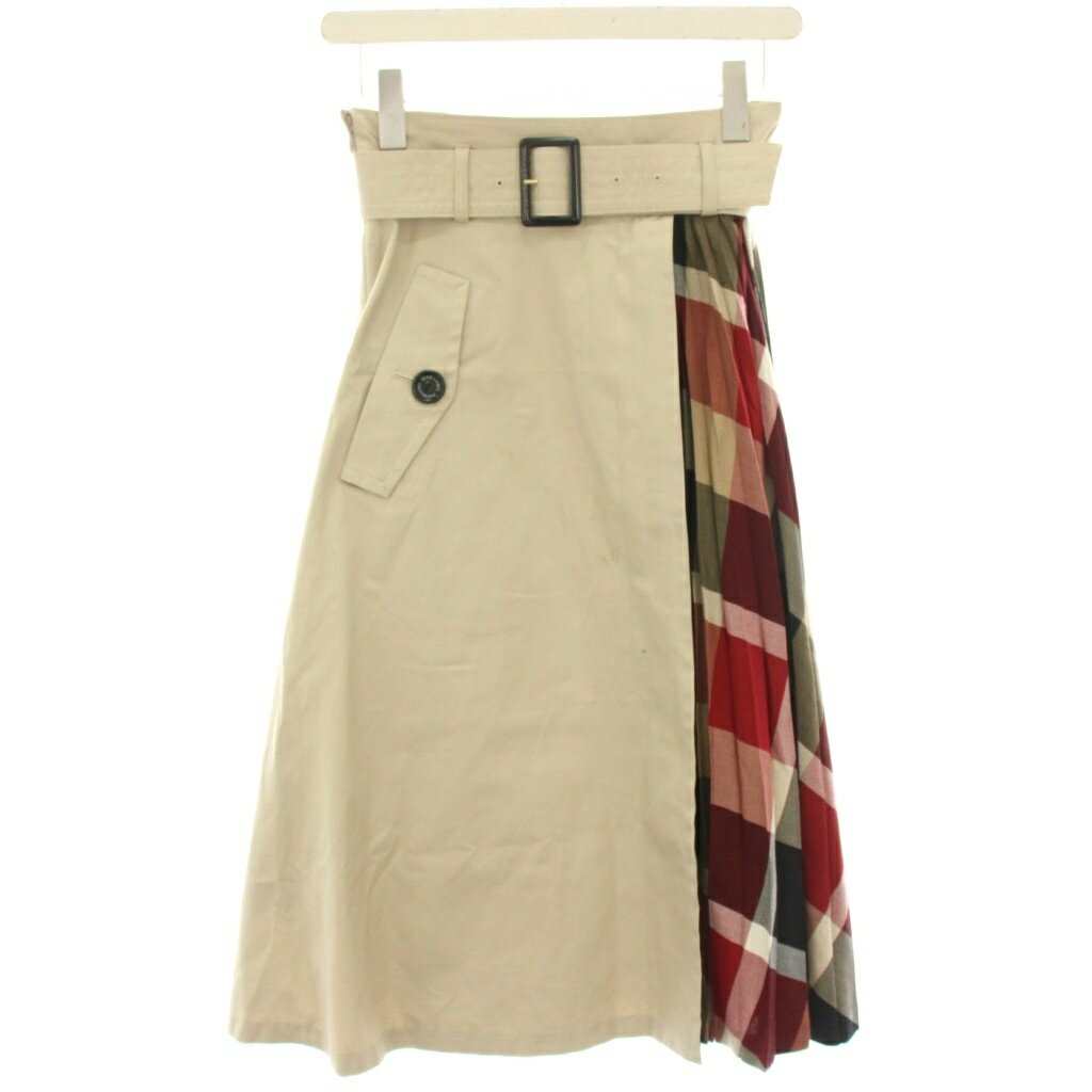 【中古】ブルーレーベルクレストブリッジ BLUE LABEL CRESTBRIDGE フレアスカート ミモレ ロング プリーツ切替 チェック ベルト 34 ベージュ 赤 レッド 55S21-108-40 /HN レディース 【ベクトル 古着...