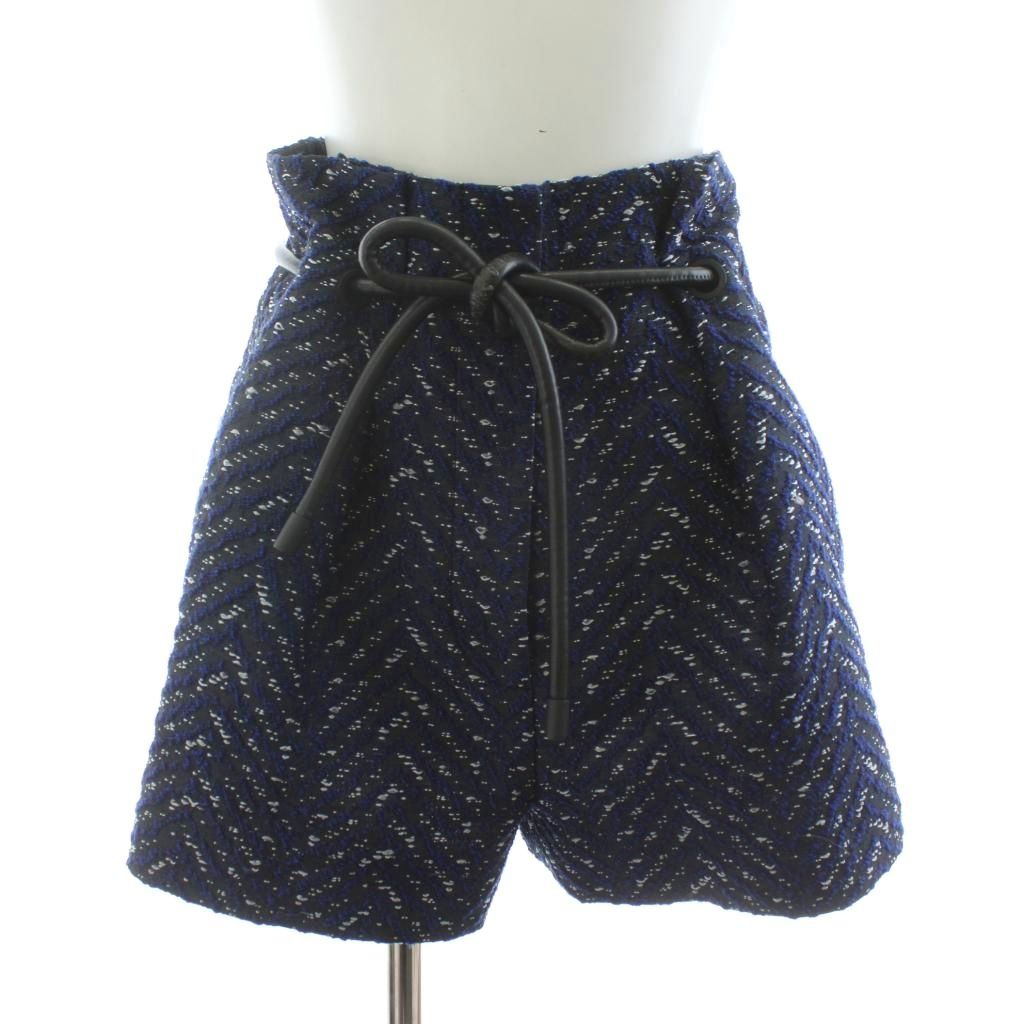【中古】3.1 フィリップリム 3.1 phillip lim オリガミ ショートパンツ ハイウエスト ヘリンボーン柄 ジップフライ レザーベルト付き 0 紺 ネイビー E171-5351VRO /KU レディース 【ベクトル 古着】 25...