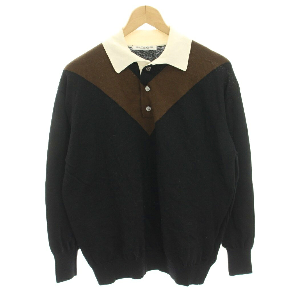 【中古】B&Y ユナイテッドアローズ BEAUTY&YOUTH ビューティー&ユース ポロニット カットソー 黒 ブラック 長袖 V字切替 ウール混 1613-105-3474 /HN レディース 【ベクトル 古着】 260219ブランドB...