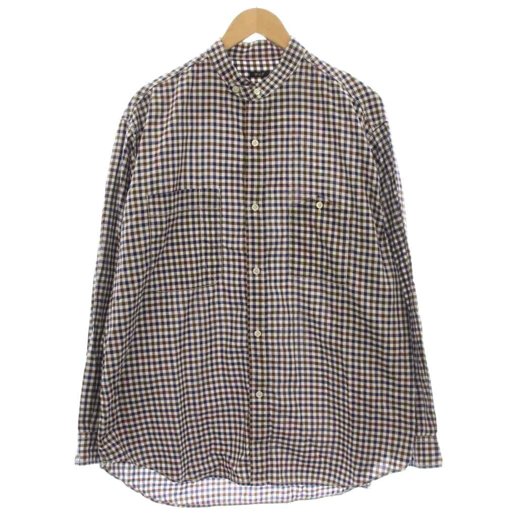 【中古】ワイルドライフテーラー WILD LIFE TAILOR THOMAS MASON バンドカラーシャツ チェック 長袖 L ネイビー 茶 GPG-52030-B /☆G メンズ 【ベクトル 古着】 260305表記サイズL実寸サイズ...