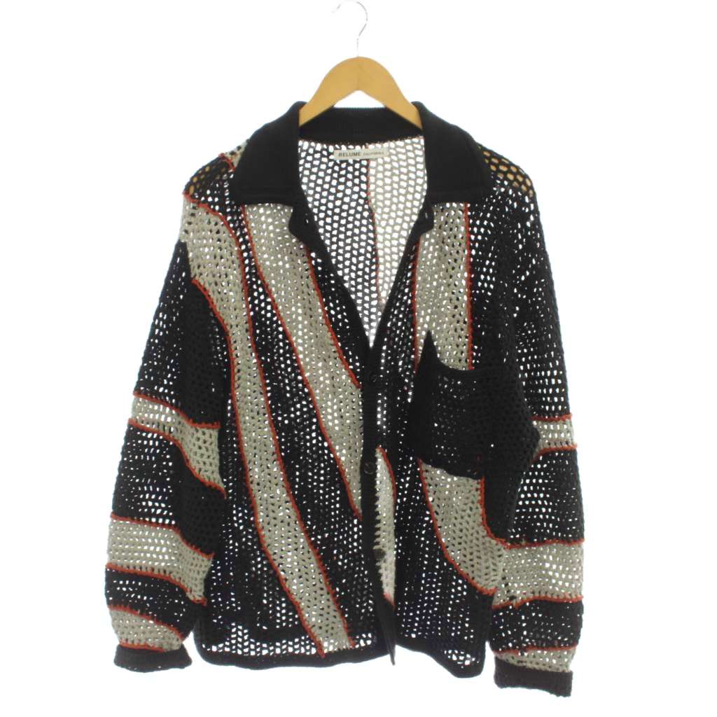 【中古】ジャーナルスタンダード レリューム JOURNAL STANDARD relume 24AW CALIFORNIA カーディガン M 黒 グレー クロシェ編み ストライプ柄 長袖 /JP27 メンズ 【ベクトル 古着】 260618...