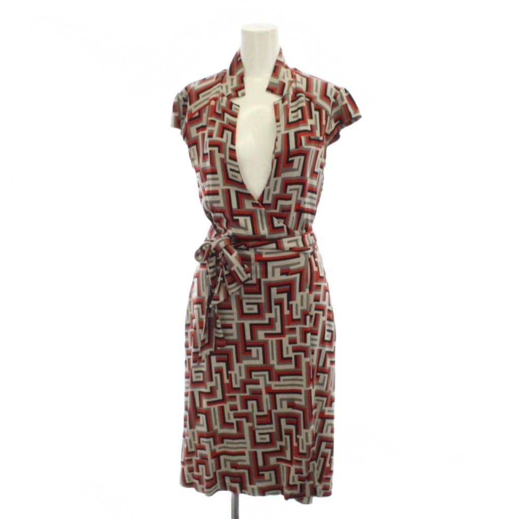 【中古】ダイアンフォンファステンバーグ DIANE von FURSTENBERG ワンピース ひざ丈 ラップスカート ノースリーブ シルク 4 赤 ベージュ 幾何学模様 /JP 17 レディース 【ベクトル 古着】 260625ブランドダ...