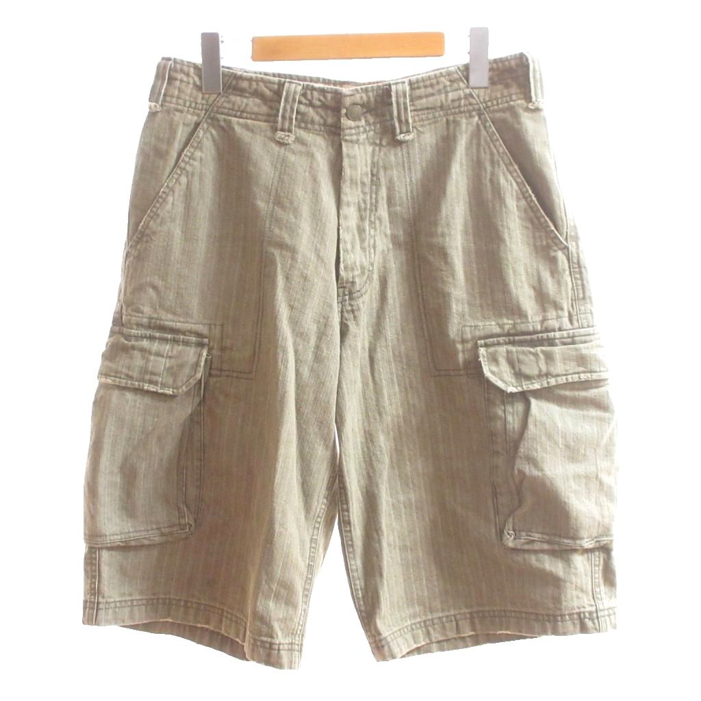 【中古】REAL CRUSH CLOTHING ビンテージ カーゴショートパンツ LARGE 茶色 ブラウン カーゴポケット ストライプ柄 /SJ 【ベクトル 古着】 260407表記サイズLARGE実寸サイズウエスト：80cm　もも幅：6...