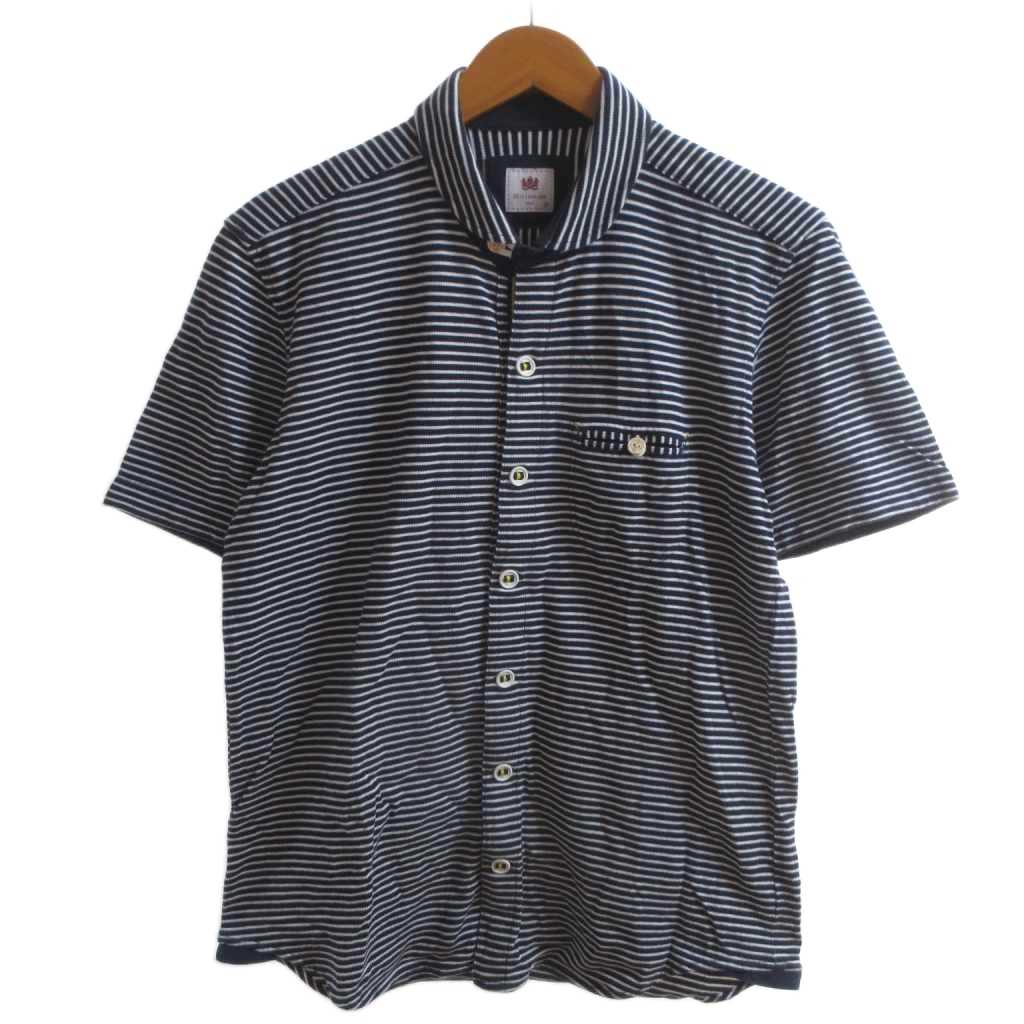 【中古】mitsumine 美品 カットソー M 紺 ネイビー 半袖 ボーダー 丸襟 フロントフライ/HW メンズ 【ベクトル 古着】 260422表記サイズM 実寸サイズ肩幅：43cm　身幅：50cm　着丈：70cm　袖丈：23cm　　素...