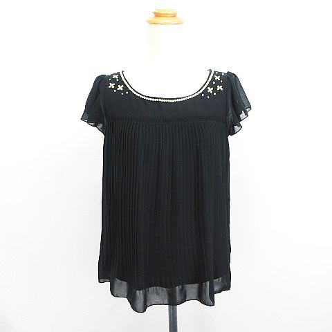 【中古】ミッシュマッシュ MISCH MASCH ブラウス シャツ 半袖 フリルリーブス ラウンドネック プルオーバー シフォン プリーツ ビジュー 38 ブラック ※EKM レディース 【ベクトル 古着】 260412ブランドミッシュマッ...