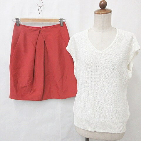 【中古】ボールジー BALLSEY トゥモローランド ニット スカート 2枚セット Vネック フレンチスリーブ スパンコール タイト ひざ丈 タック アイボリー オレンジ 34 レディース 【ベクトル 古着】 230507ブランドボールジー...