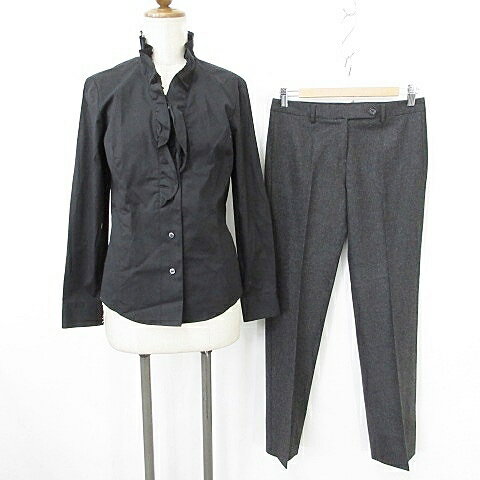 【中古】ユニバーサル ランゲージ UNIVERSAL LANGUAGE ALLURE DE ELLE パンツ ブラウス 2点セット ワイド ストレート ロング 毛 長袖 フリル レース 綿 ストレッチ グレー 黒 ブラック 38 9R レデ...