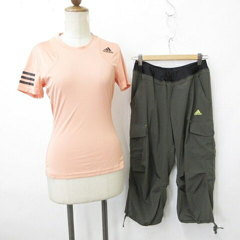 【中古】アディダス adidas スポーツウエア Tシャツ パンツ 2枚セット 半袖 丸首 別布 メッシュ プリント カーゴ クロップド オレンジ 緑 グリーン L レディース 【ベクトル 古着】 260723ブランドアディダス adida...