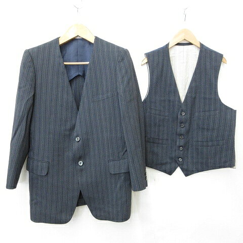 【中古】kashima Scabal オーダーメイド ノーカラージャケット ベスト 2枚セット シングル 背抜き ジレ 前あき ストライプ 紺 ネイビー メンズ 【ベクトル 古着】 260726表記サイズ表記なし実寸サイズ肩幅：43cm　身...