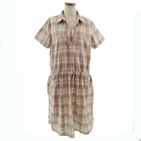 【中古】 シューラルー SHOO・LA・RUE ワンピース 半袖 ひざ丈 スキッパーカラー コットン チェック ベージュ ブラウン 茶 L レディース 【ベクトル 古着】 190615ブランドシューラルー SHOO・LA・RUE表記サイズL...