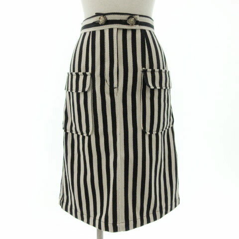 【中古】マウジー moussy スカート ひざ丈 台形 ストライプ フロントポケット バックスリット 厚手 ブラック 黒 アイボリー 0 レディース 【ベクトル 古着】 210806ブランドマウジー moussy表記サイズ0実寸サイズウエス...