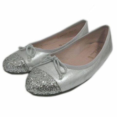【中古】プリティバレリーナ Pretty Ballerinas グリッターキャップバレエシューズ パンプス ラウンドトゥ リボン レザー シルバー 38 レディース 【ベクトル 古着】 260418表記サイズ38（日本サイズ約24cm相当）...