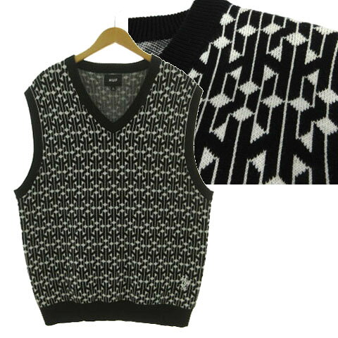 【中古】ハフ HUF パラドックス ニットベスト PARADOX KNIT VEST Vネック ロゴ刺繍 コットン混 ブラック 黒 ホワイト 白 L メンズ 【ベクトル 古着】 260715ブランドハフ HUF表記サイズL実寸サイズ身幅：約...