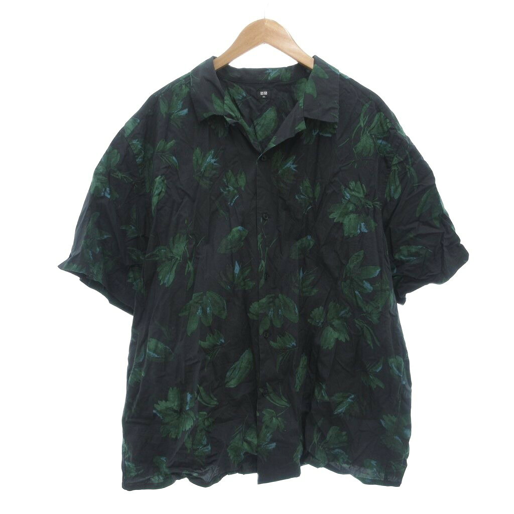 【中古】ユニクロ UNIQLO シャツ 3XL 黒 ブラック グリーン ボタニカル柄 オープンカラー 半袖 /SX ■ECF001 メンズ 【ベクトル 古着】 260207ブランドユニクロ UNIQLO表記サイズ3XL実寸サイズ肩幅：59c...