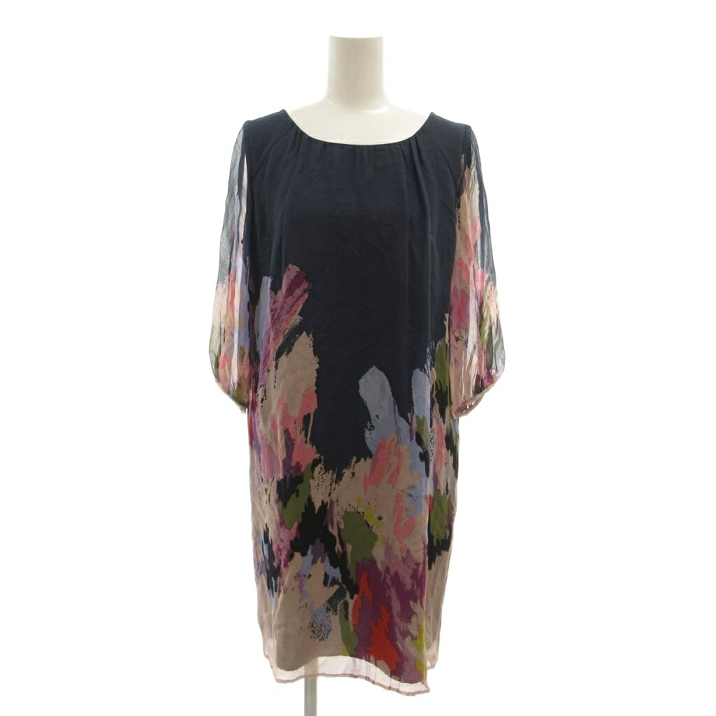 【中古】ティビ tibi シフォンワンピース ひざ丈 2 紺 ネイビー 絹 シルク アブストラクト柄 ラウンドネック 七分袖 シースルー袖 /IB ■ECF007 レディース 【ベクトル 古着】 260715ブランドティビ tibi表記サイ...