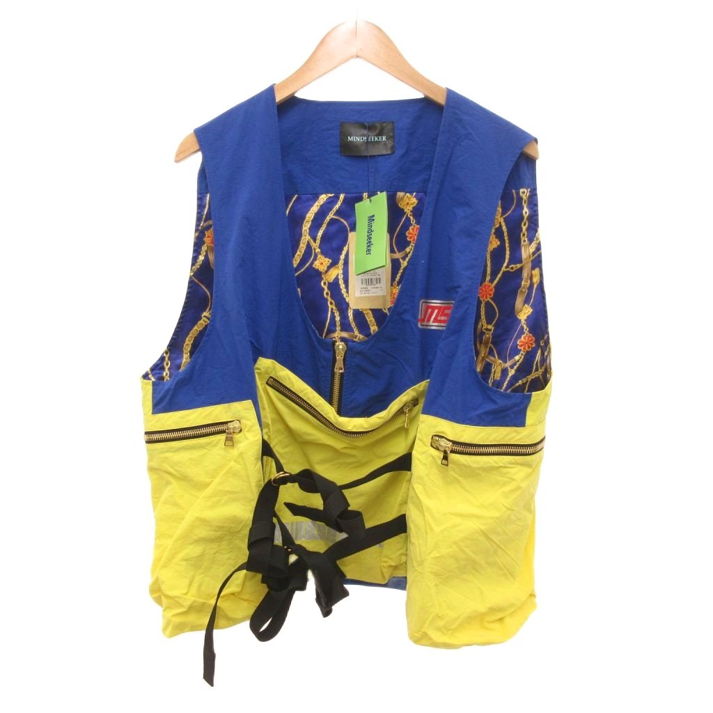 【中古】MINDSEEKER フィッシャーマンベスト F 青 ブルー 黄 イエロー 裏地総柄 ノースリーブ ジップポケット /JS ■GY99 メンズ 【ベクトル 古着】 260220表記サイズF実寸サイズ身幅：65cm　着丈：60cm　　...