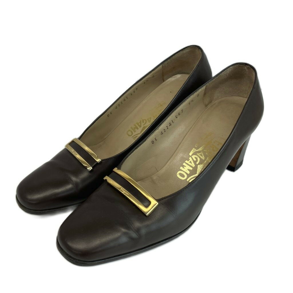 【中古】サルヴァトーレフェラガモ Salvatore Ferragamo パンプス レザー スクエアトゥ ヒール ゴールド金具 5.5 23cm 茶色 ブラウン /XZ ■GY12 レディース 【ベクトル 古着】 260417ブランドサルヴ...