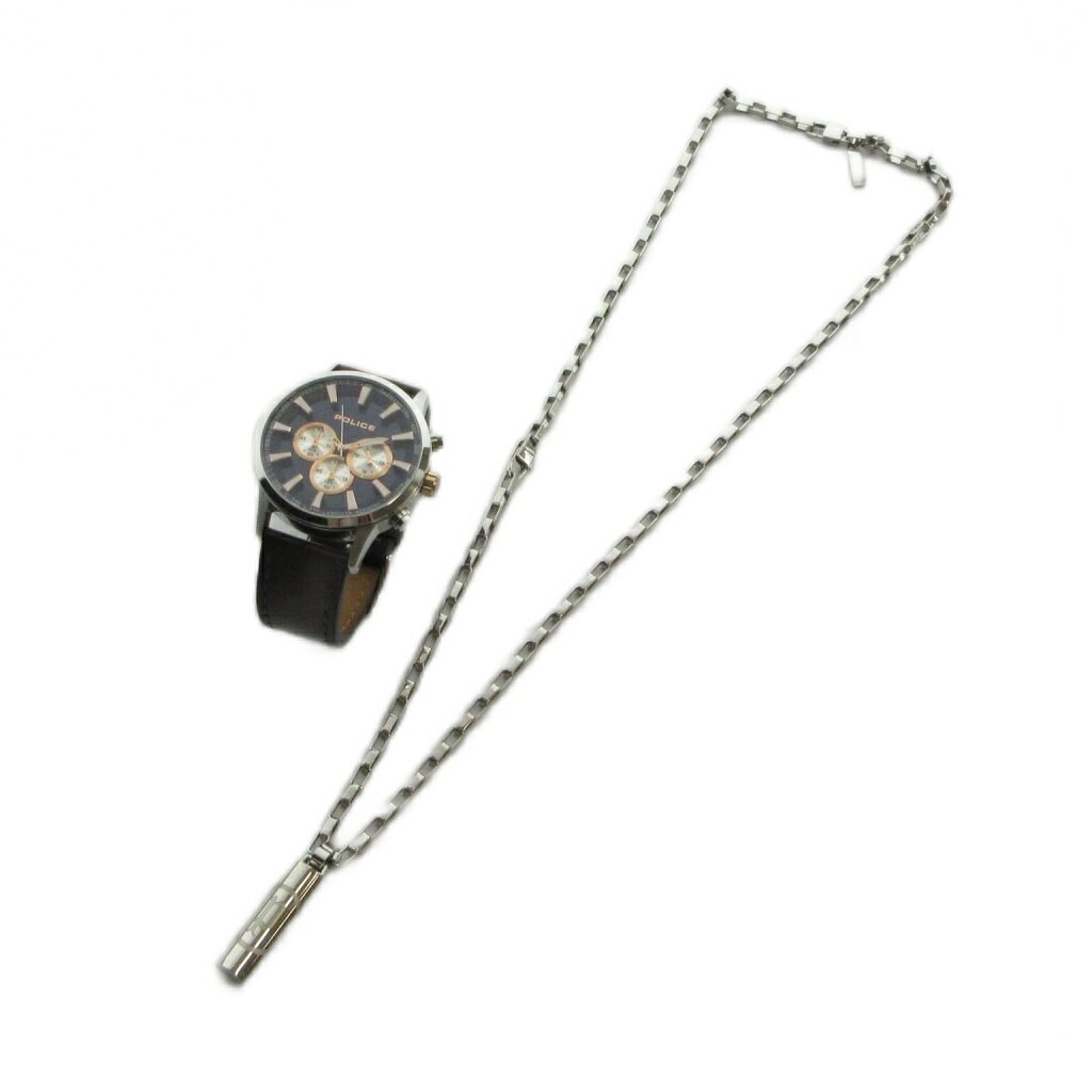 【中古】ポリス POLICE 腕時計 ネックレス セット ウォッチ クォーツ クロノグラフ レザーベルト シルバー色 ■GY18 /MQ メンズ 【ベクトル 古着】 260526ブランドポリス POLICE表記サイズ実寸サイズをご参考くださ...