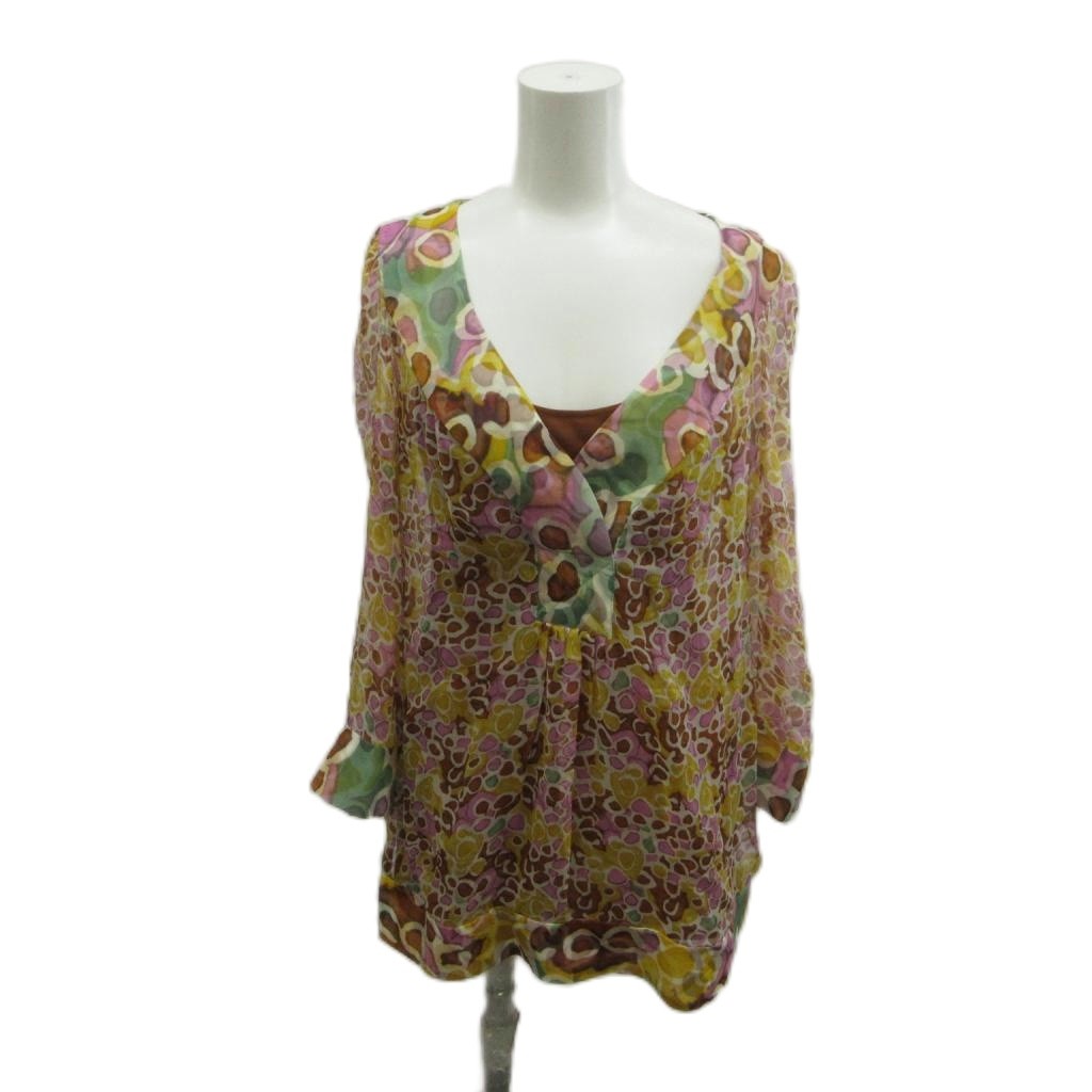 【中古】ダイアンフォンファステンバーグ DIANE von FURSTENBERG チュニック 絹 シルク 2 茶 ブラウン 黄色 イエロー 白 ホワイト 緑 グリーン Vネック 総柄 長袖 /SH ■GY20 レディース 【ベクトル 古着...