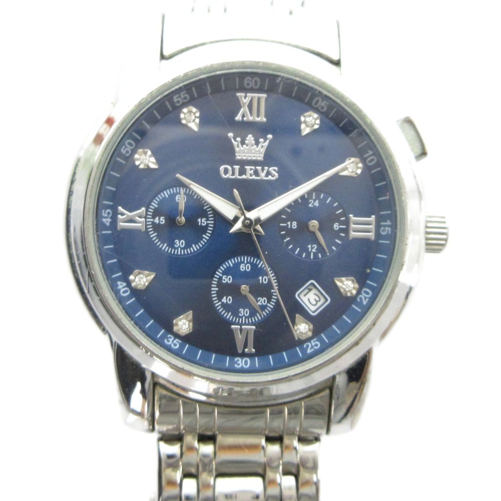 【中古】OLEVS ジャンク品 腕時計 クォーツ ウォッチ クロノグラフ カレンダー付き 青文字盤 シルバー色 ■GY18 /MQ メンズ 【ベクトル 古着】 260811表記サイズ実寸サイズをご参考ください。実寸サイズバンド幅：約2cm　...