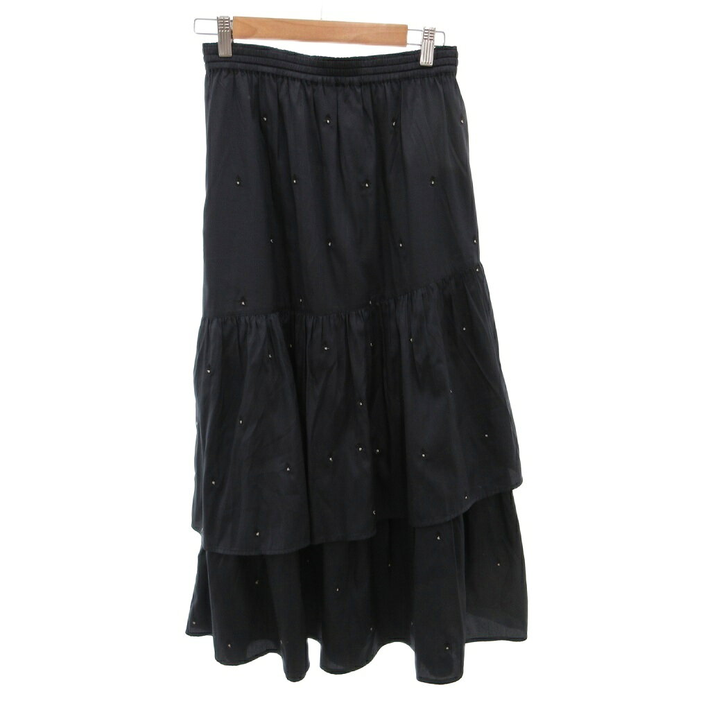 【中古】ヌキテパ NE QUITTEZ PAS! POLY DUPION EMB TIERED SKIRT ティアードスカート フレア イージー ゴムウエスト ロング 刺繍 紺 ネイビー /FF レディース 【ベクトル 古着】 260223...