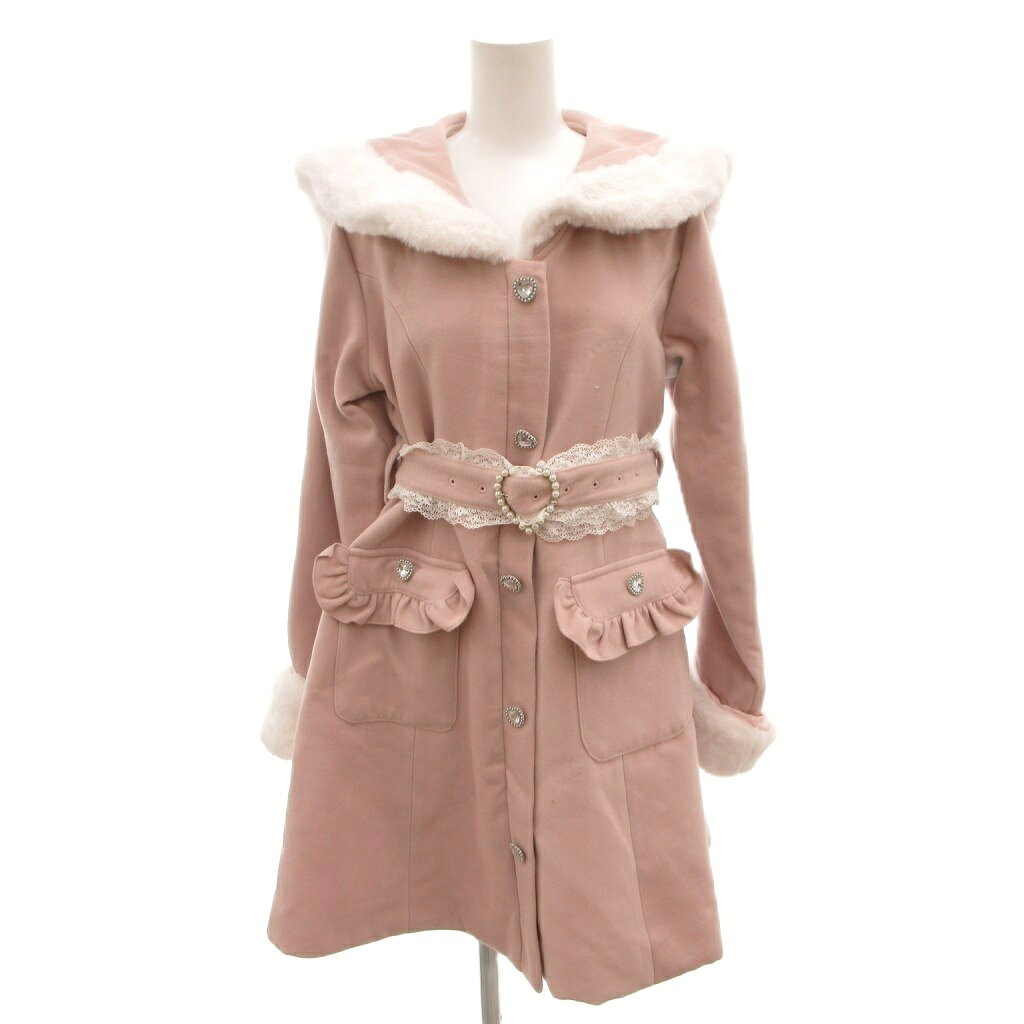 【中古】夢展望 DearMyLove ハートバックルベルトセーラーファーコート ハートボタン ビジュー フェイクファー ひざ丈 M ピンク /FF 【ベクトル 古着】 260318表記サイズM実寸サイズ肩幅：36cm　身幅：45cm　袖丈：...