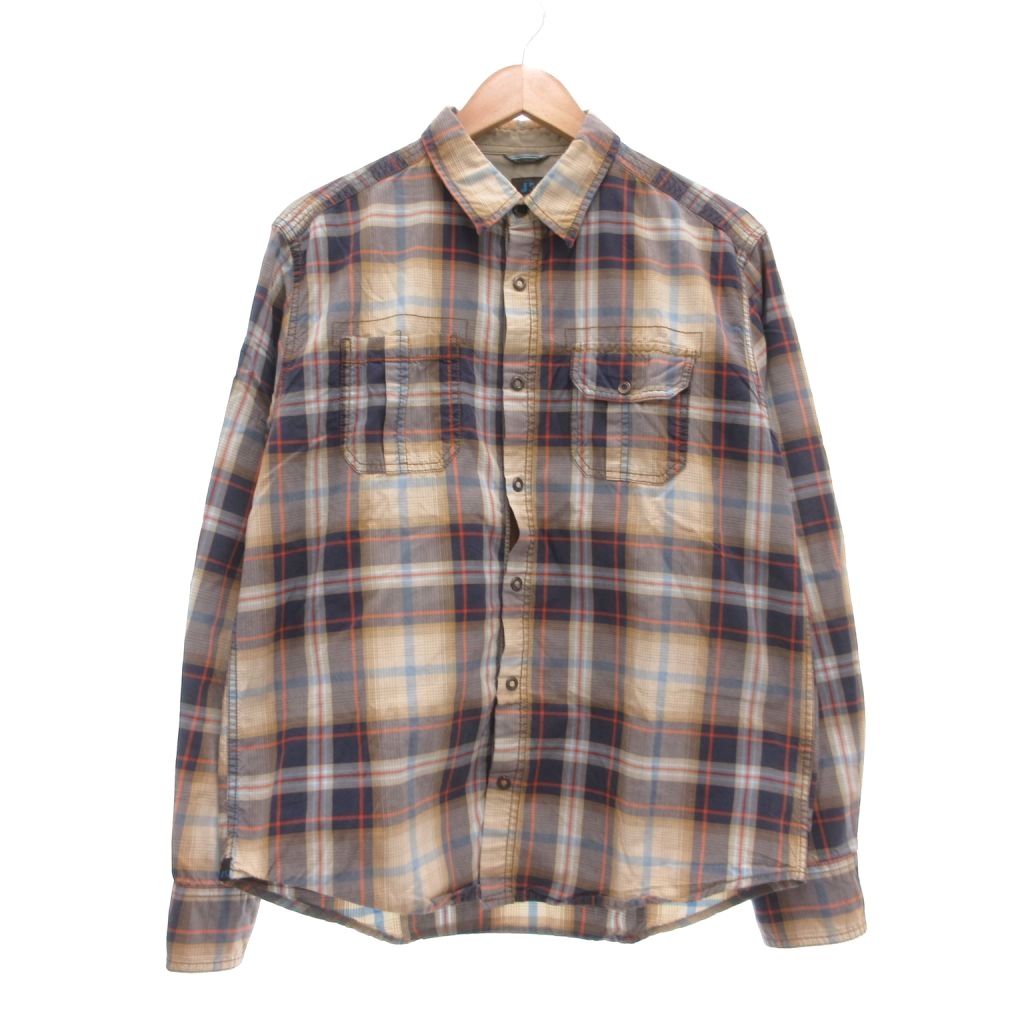 【中古】just keep livin シャツ L マルチカラー 茶色 ブラウン 青 ブルー チェック柄 長袖 フラップポケット /MG メンズ 【ベクトル 古着】 260511表記サイズL実寸サイズ肩幅：47cm　身幅：58cm　着丈：7...