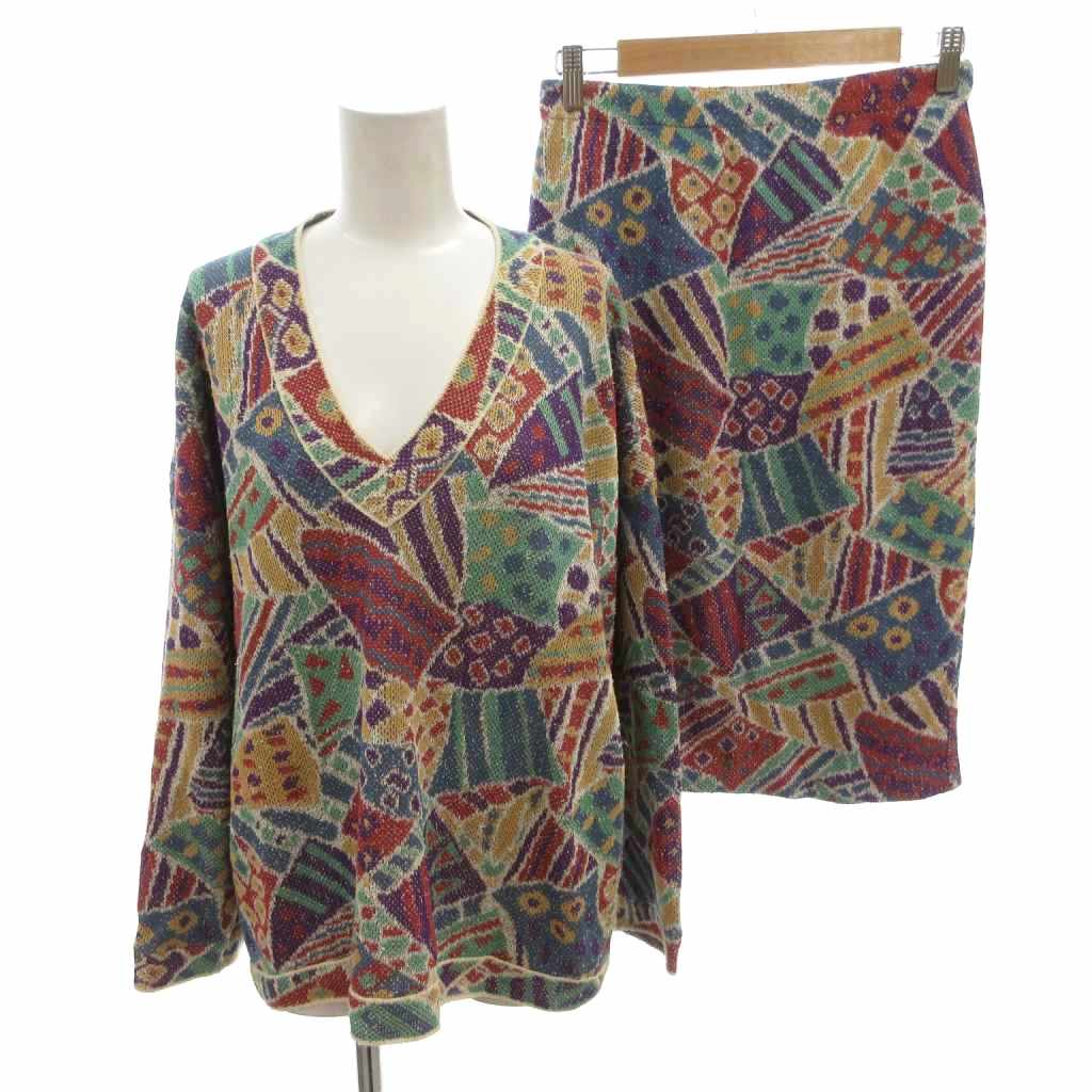 【中古】ミッソーニ MISSONI セットアップ ニット カットソー 長袖 Vネック スカート イージー ひざ丈 総柄 42 46 マルチカラー /FF レディース 【ベクトル 古着】 260514ブランドミッソーニ MISSONI表記サイ...