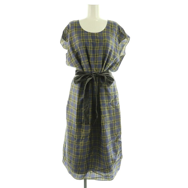 【中古】セオリー Theory Project 23SS Wrinkle Check Shift Dress ワンピース ロング フレンチスリーブ チェック S ネイビー カーキ /MY ■OS レディース 【ベクトル 古着】 250403...