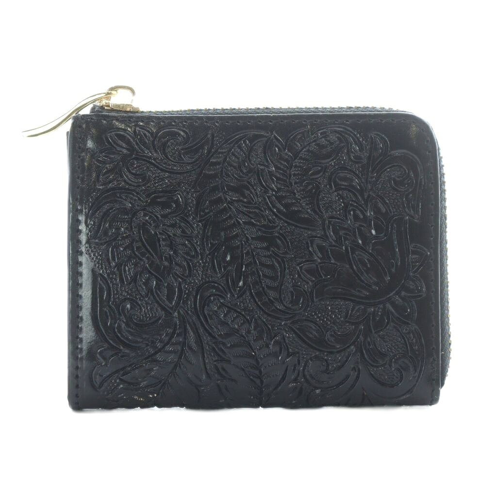 【中古】カービングトライブス グレースコンチネンタル CARVING TRIBES zip smart wallet ジップスマートウォレット 財布 ミニ 小銭入れ カードケース 黒 ブラック エンボス加工 植物柄 /RI ■OS レディー...