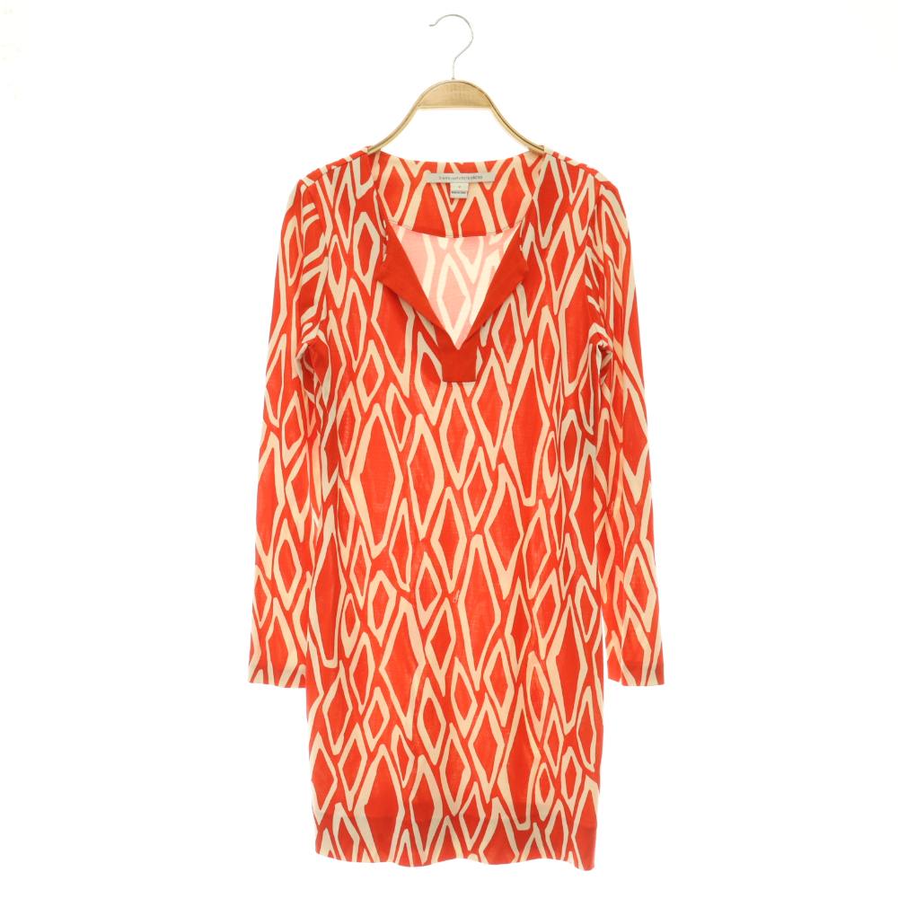 【中古】ダイアンフォンファステンバーグ DIANE von FURSTENBERG シルクジャージー スキッパーワンピース ミニ 長袖 総柄 2 レッド /MY ■OS レディース 【ベクトル 古着】 260530ブランドダイアンフォンファ...