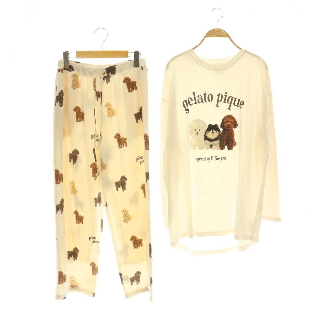 【中古】ジェラートピケ gelato pique セットアップ DOG3柄 ワンポイント プルオーバー カットソー ロングパンツ イージー F オフホワイト マルチカラー /DO ■OS レディース 【ベクトル 古着】 260804ブランド...