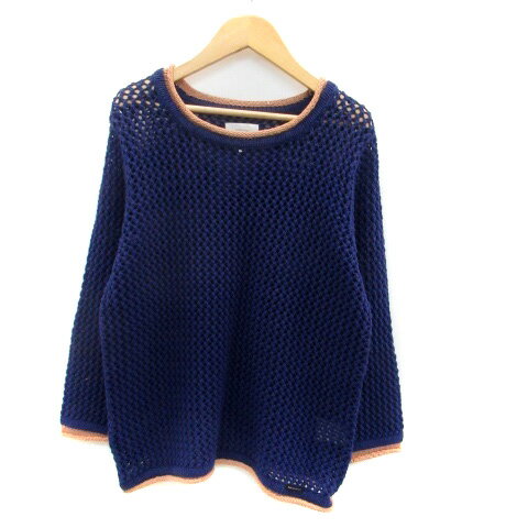 【中古】ニンフ NUMPH ニット セーター ラウンドネック 長袖 透かし編み M 青 ブルー ベージュ /HO42 レディース 【ベクトル 古着】 230705表記サイズM ※実寸サイズをご確認下さい。実寸サイズ肩幅：37cm　身幅：49...