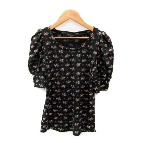 【中古】フラミューム Flammeum カットソー 五分袖 ラウンドネック 花柄 マルチカラー 38 M 黒 ブラック /SY20 レディース 【ベクトル 古着】 250909ブランドフラミューム Flammeum表記サイズ38（日本サイズ...