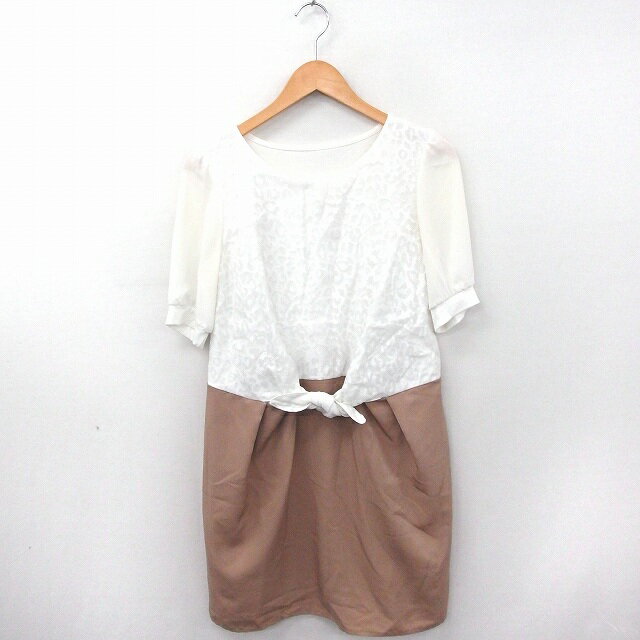 【中古】Rue de B lois ワンピース 切替 柄 無地 前結び 半袖 ひざ丈 2 ホワイト 白 ブラウン 茶 /FT19 レディース 【ベクトル 古着】 210709表記サイズ2実寸サイズ肩幅：約36cm　身幅：約41cm　袖丈：約...