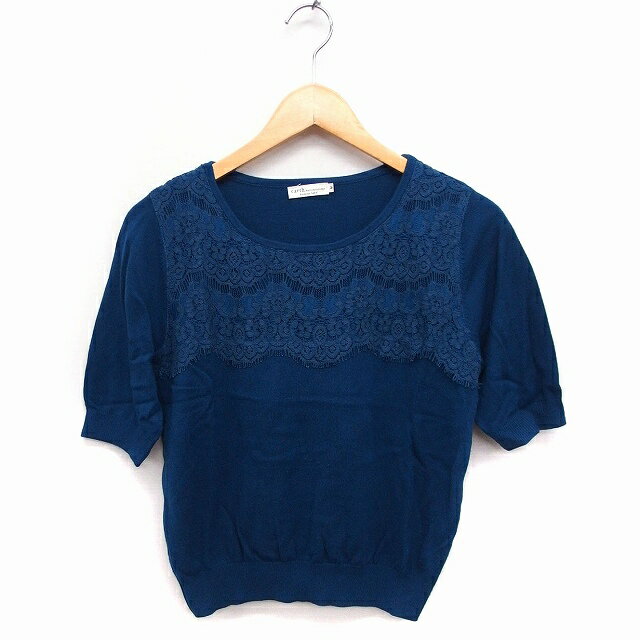 【中古】アースミュージック&エコロジー EARTH MUSIC & ECOLOGY レース ニット セーター 丸首 五分袖 無地 M ブルー 青 グリーン 緑 /FT13 レディース 【ベクトル 古着】 221119ブランドアースミュージッ...