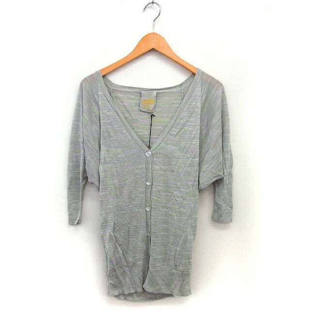【中古】未使用品 ラウンジドレス ガリャルダガランテ Loungedress GALLARDAGALANTE タグ付き リネン混 サマーニット カーディガン ハイゲージ リブ ボーダー 七分袖 M グレー /NT12 レディース 【ベクトル...